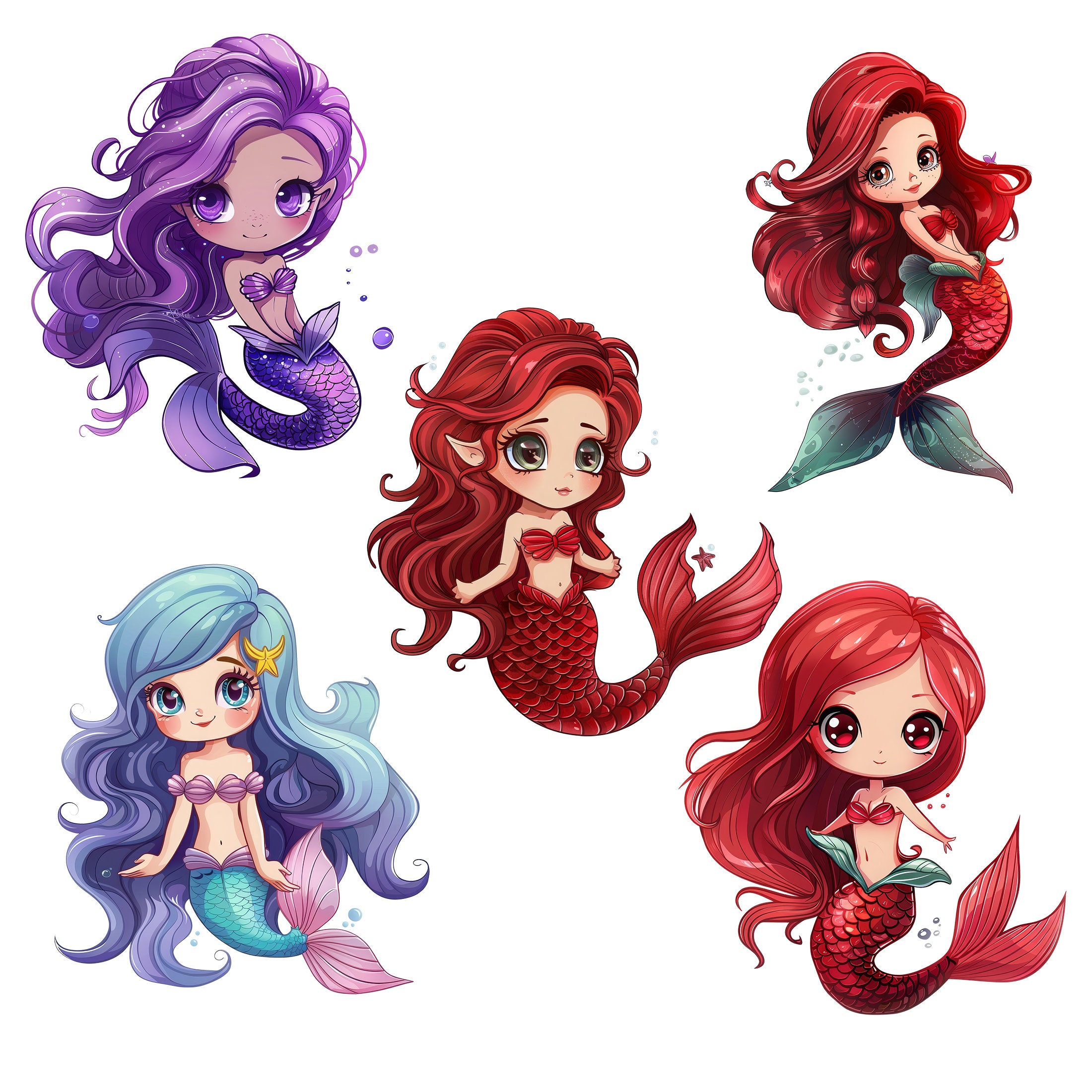 Chibi Mermaid Bundle Clipart, Whimsical Mermaids, PNG, Instant Download ...