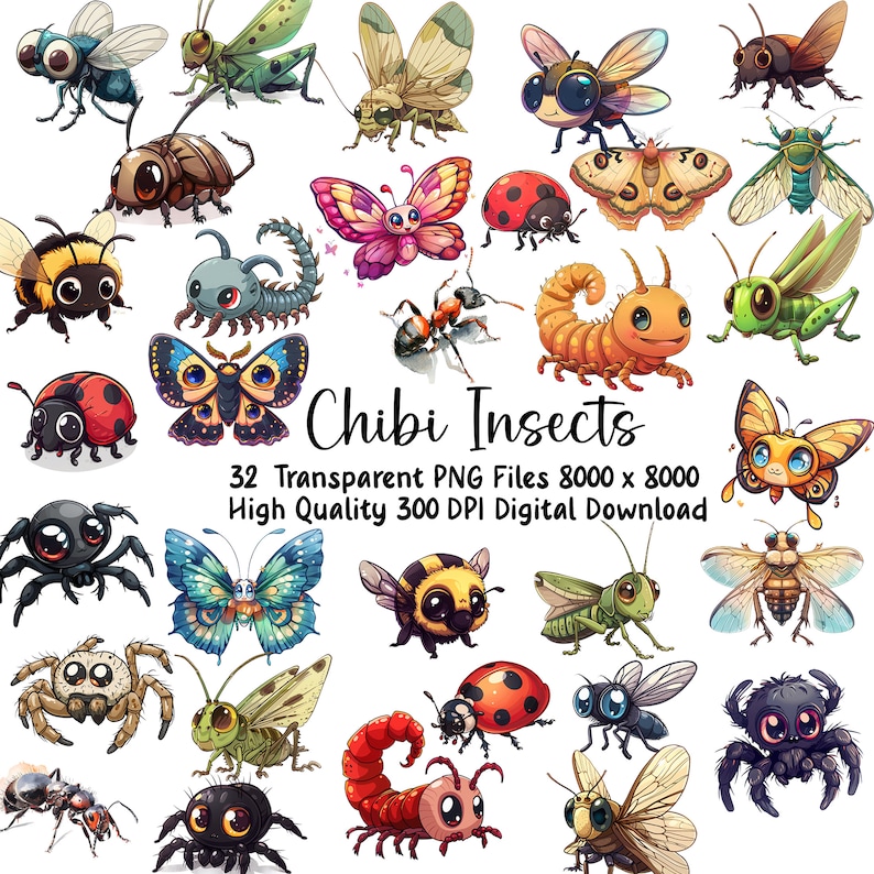 Chibi Insect Clipart Bundle, Bug Clipart Collection, Commercial Use ...