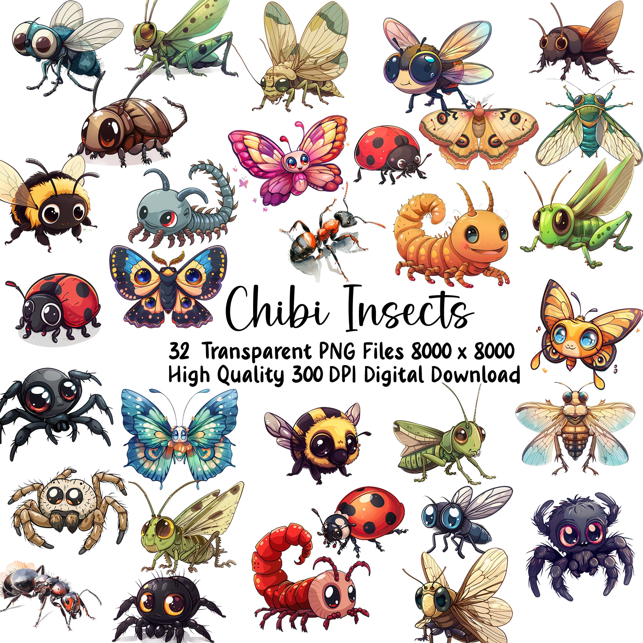 Chibi Insect Clipart Bundle, Bug Clipart Collection, Commercial Use ...