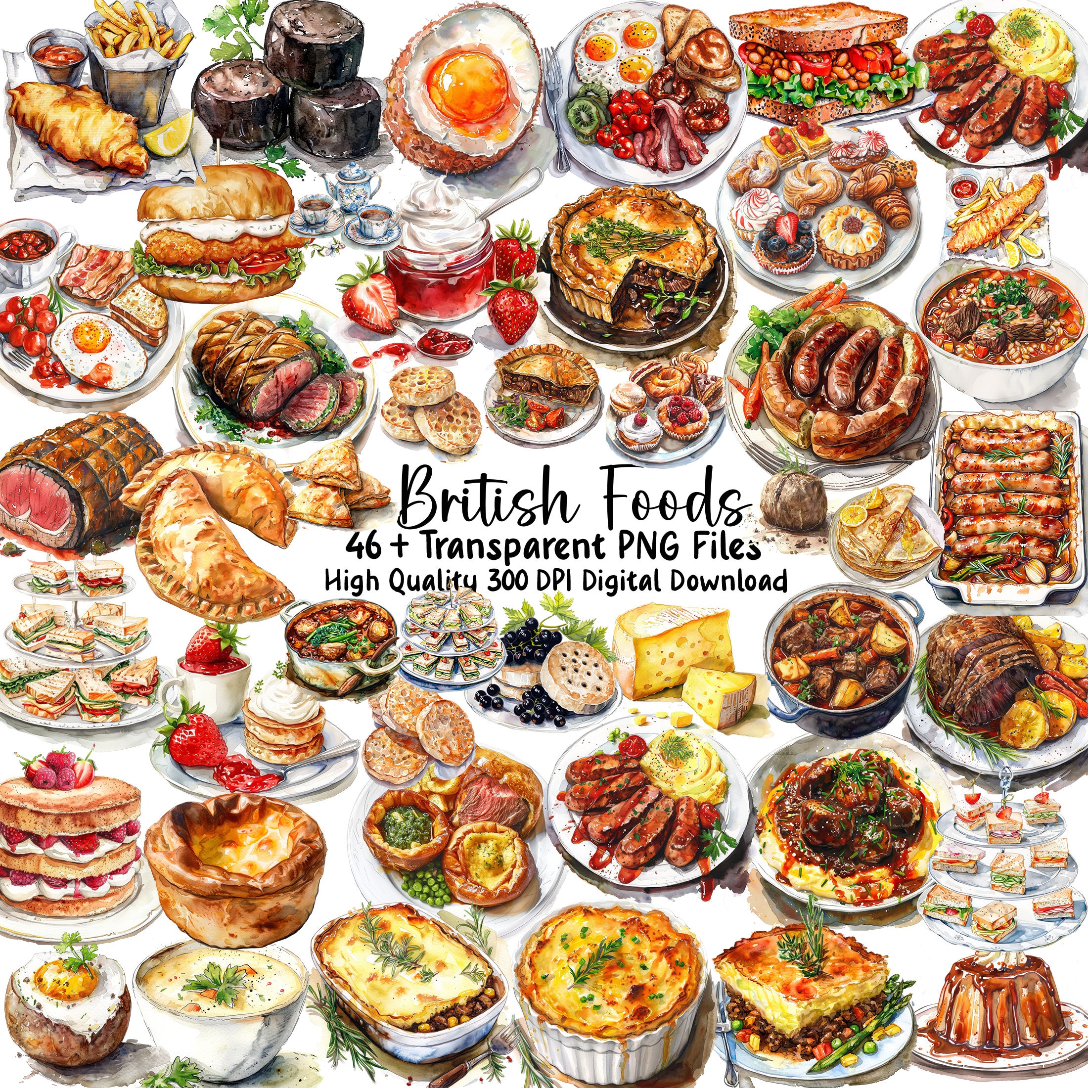 Watercolor British Food Clipart, Food Menu Art, England, Scottish ...