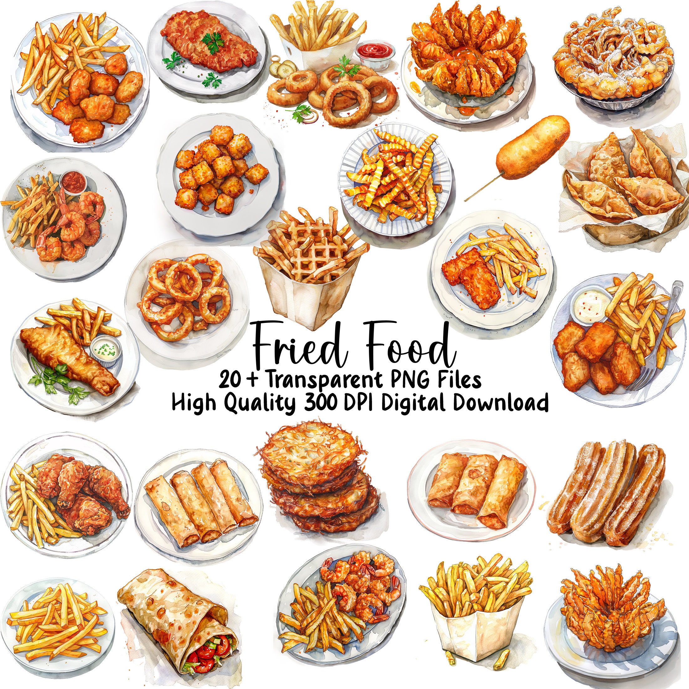 Fried Food Clipart Bundle, Watercolor Menu Clipart, Planner Printable ...
