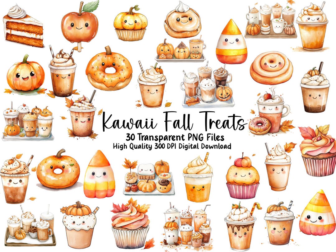 Kawaii Fall Treats Clipart, Halloween, Coffee, Fall Decor, Greeting ...