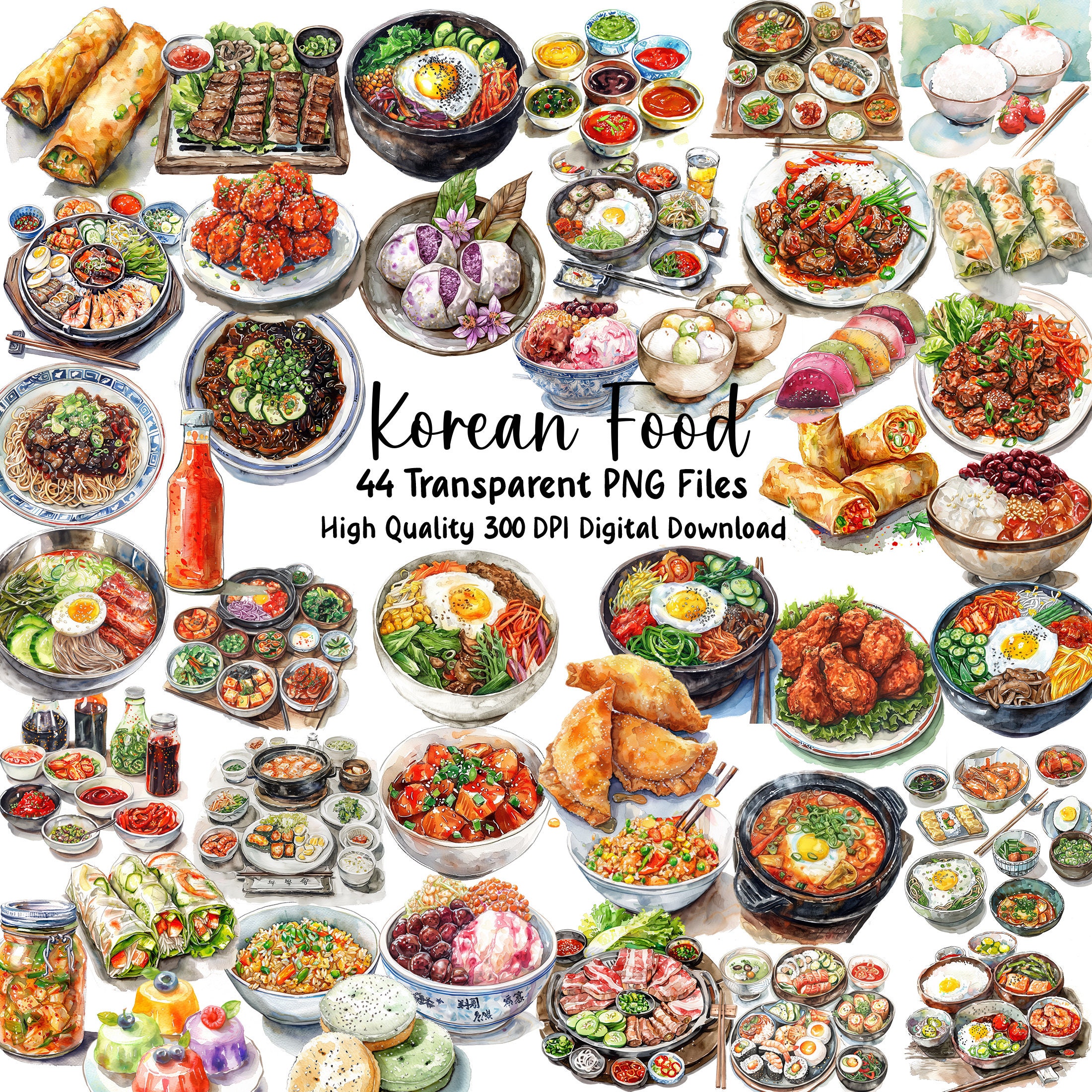 Korean Food Clipart - Watercolor Korean, Kitchen Art, Bibimbap, Bulgogi ...
