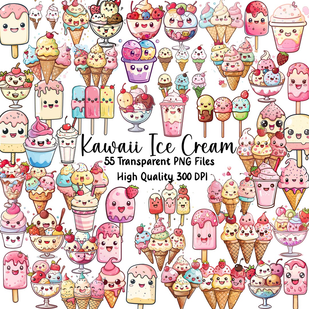 Kawaii Ice Cream Clipart, 55 Cute Ice Cream Graphics, Kawaii PNG Bundle ...