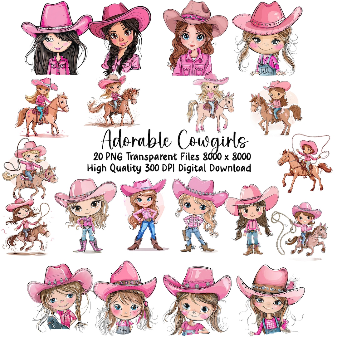 Pink Cowgirls Clipart Bundle, Cute Cowgirl Images on Horses, Whimsical ...