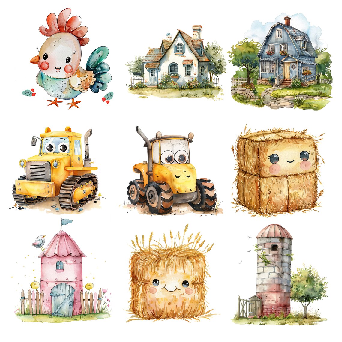Kawaii Family Farm Clipart Pack, Whimsical Watercolor Farm Animals ...