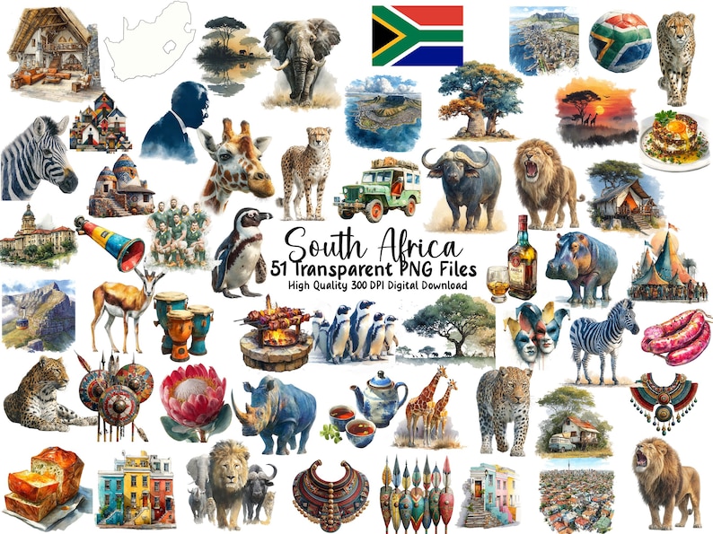 South Africa Clipart Bundle: Safari Animals, Cape Town, Zulu Art (PNG ...