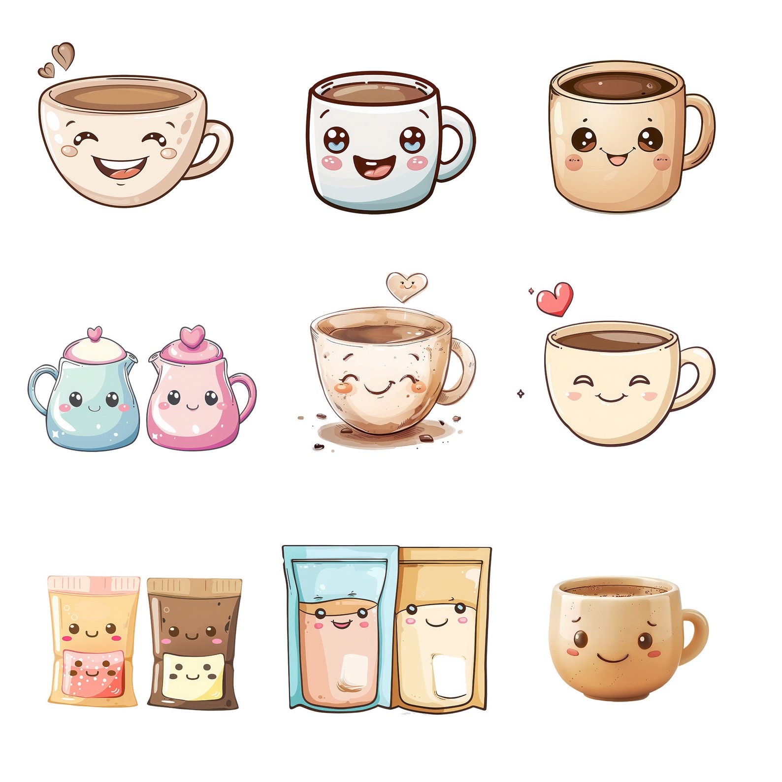 Kawaii Coffee Clipart. Adorable Coffee Stickers, PNG, Commercial Use ...