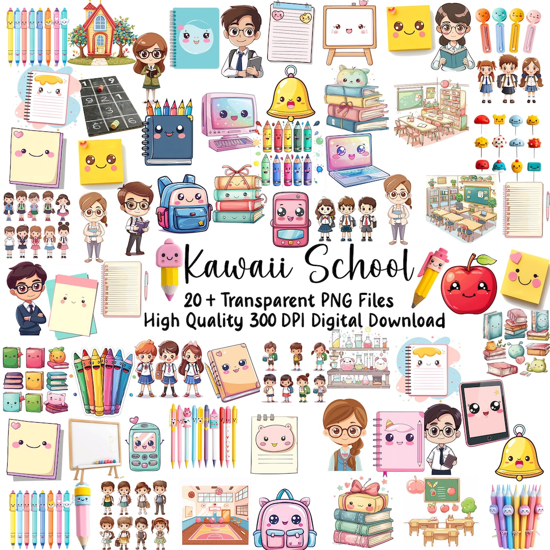 Kawaii School Clipart, Adorable Classroom Graphics, Cute Kawaii Kids ...
