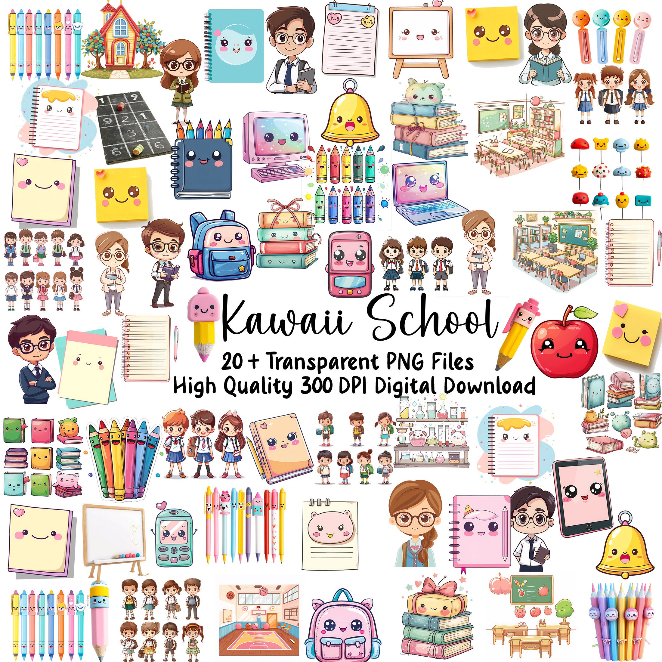 Kawaii School Clipart, Adorable Classroom Graphics, Cute Kawaii Kids ...