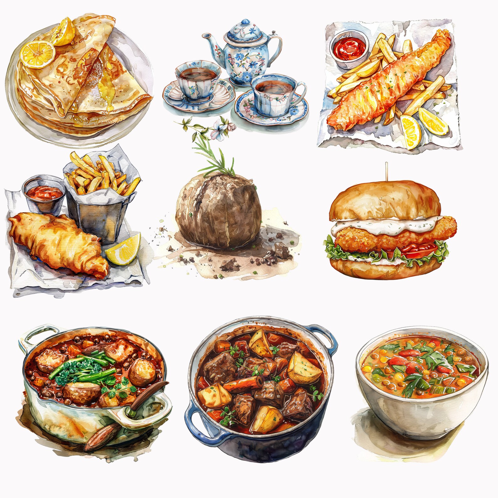 Watercolor British Food Clipart: UK Cuisine PNG (instant Download) - Etsy