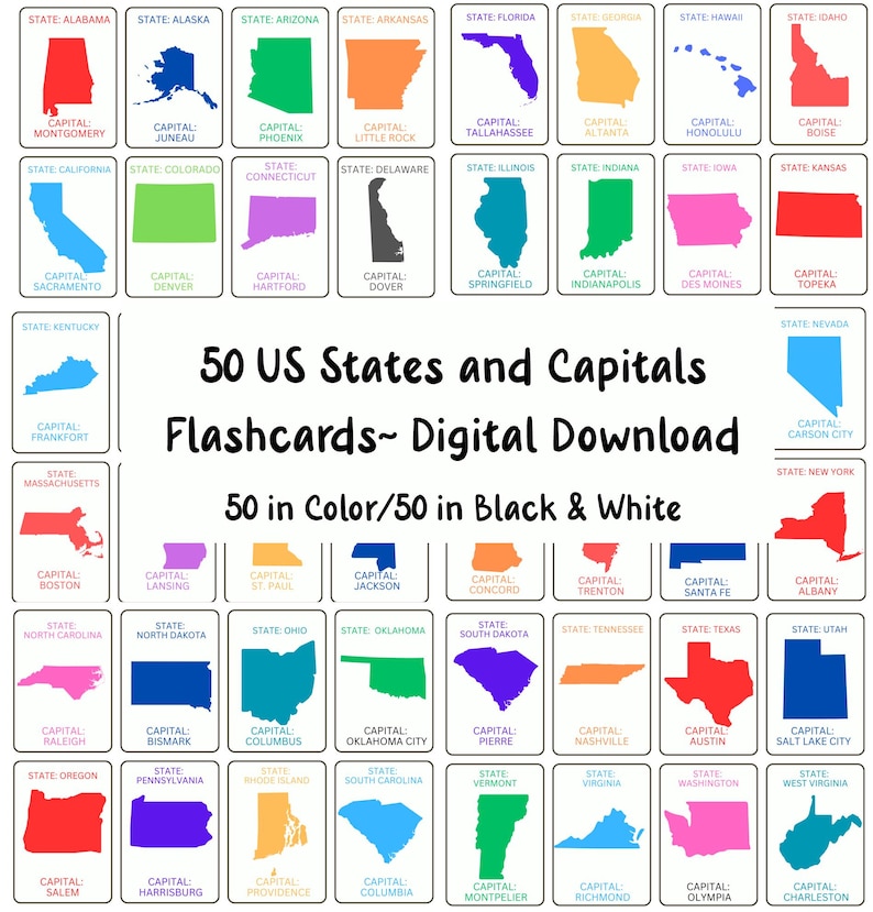 US State Capitals Flashcards: American Geography Education (printable ...