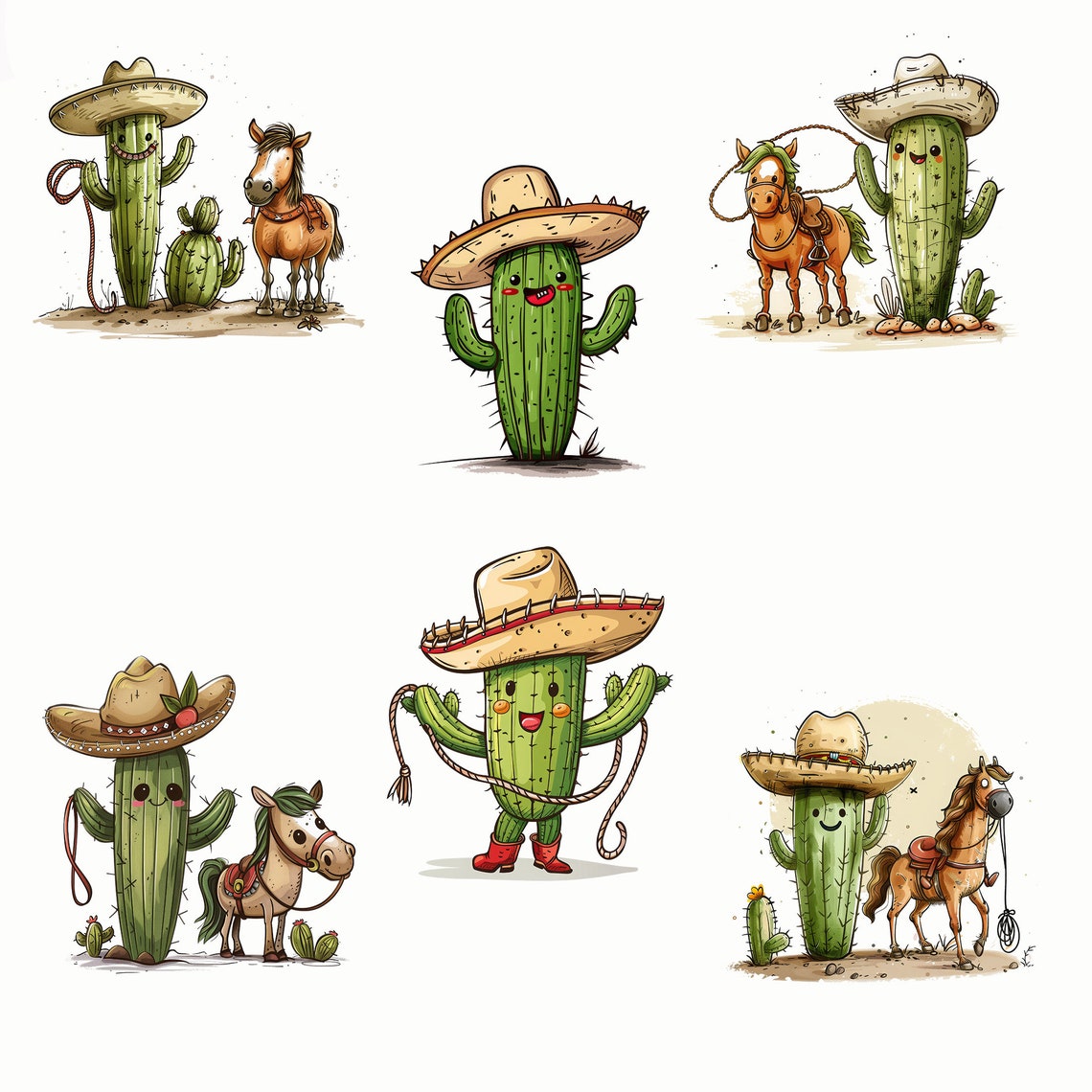 Cowboy Cactus Clipart, Whimsical Cacti Clipart, PNG, Invitations ...