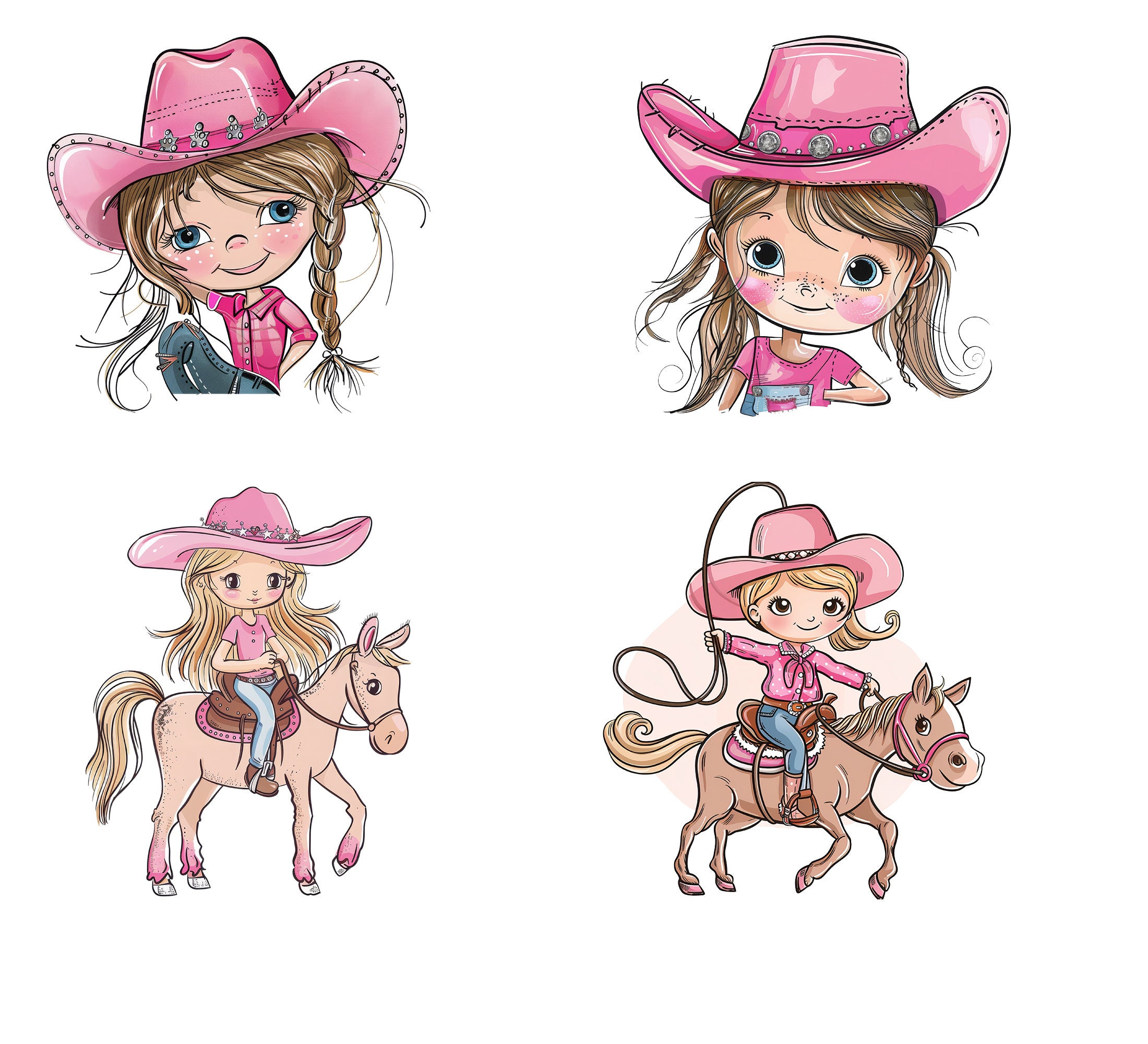 Pink Cowgirls Clipart Bundle, Cute Cowgirl Images on Horses, Whimsical ...