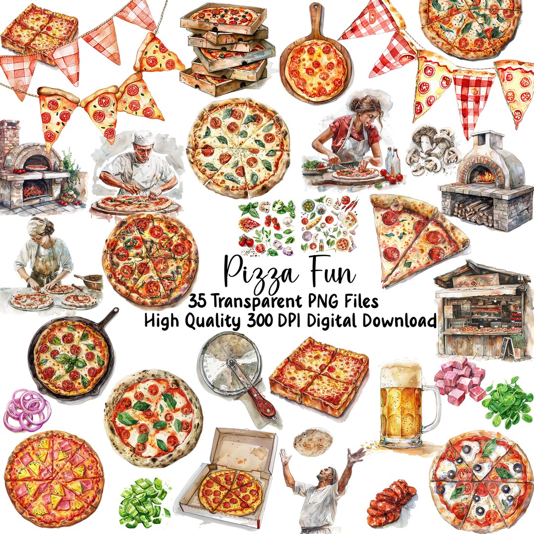 Watercolor Pizza Clipart, Italian Ovens Pizza Making, Ingredients ...