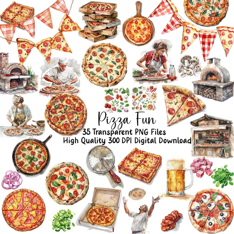 Watercolor Pizza Clipart, Italian Ovens Pizza Making, Ingredients ...