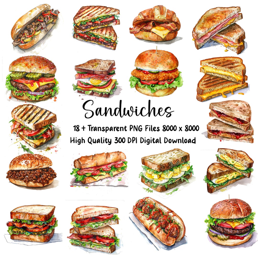 Watercolor Sandwiches PNG Bundle, Breakfast PNG Digital Download ...