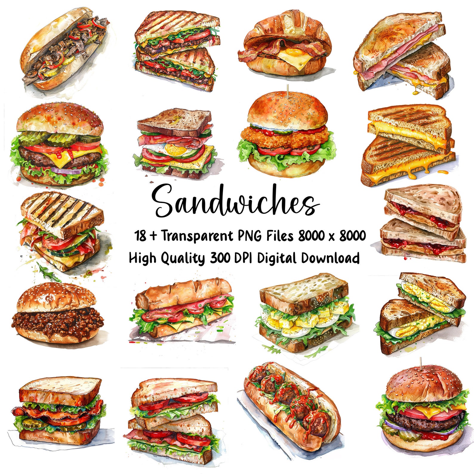 Watercolor Sandwich Clipart Bundle: Bakery PNG Illustrations (digital ...
