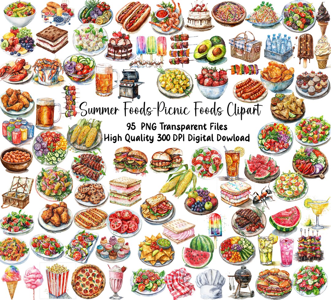 Watercolor Summer Foods Clipart, Picnic Food Clipart, PNG, Commercial ...