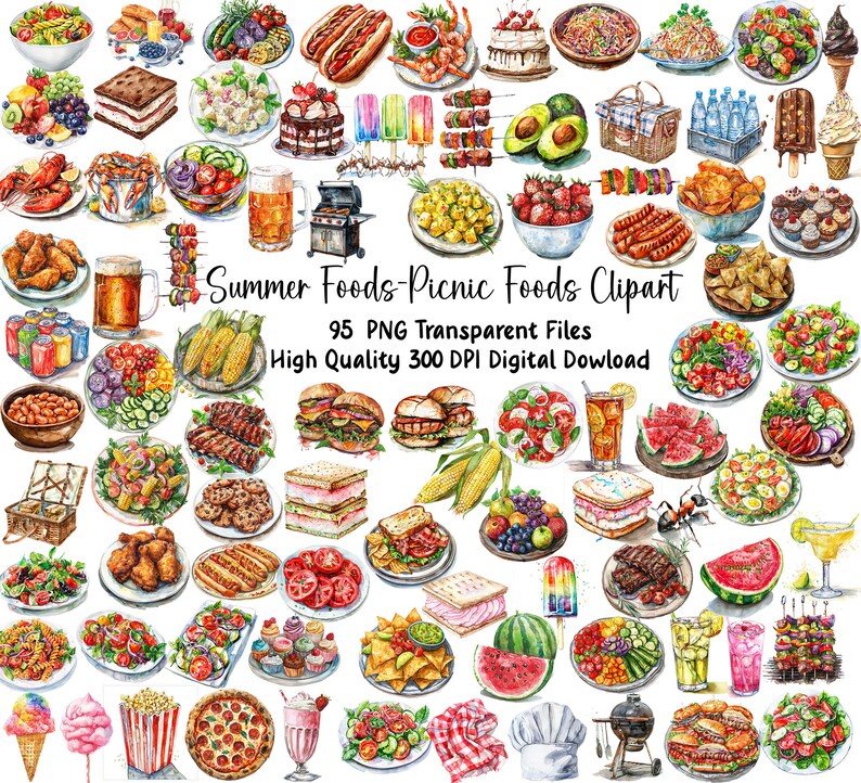 Watercolor Summer Foods Clipart, Picnic Food Clipart, PNG, Commercial ...