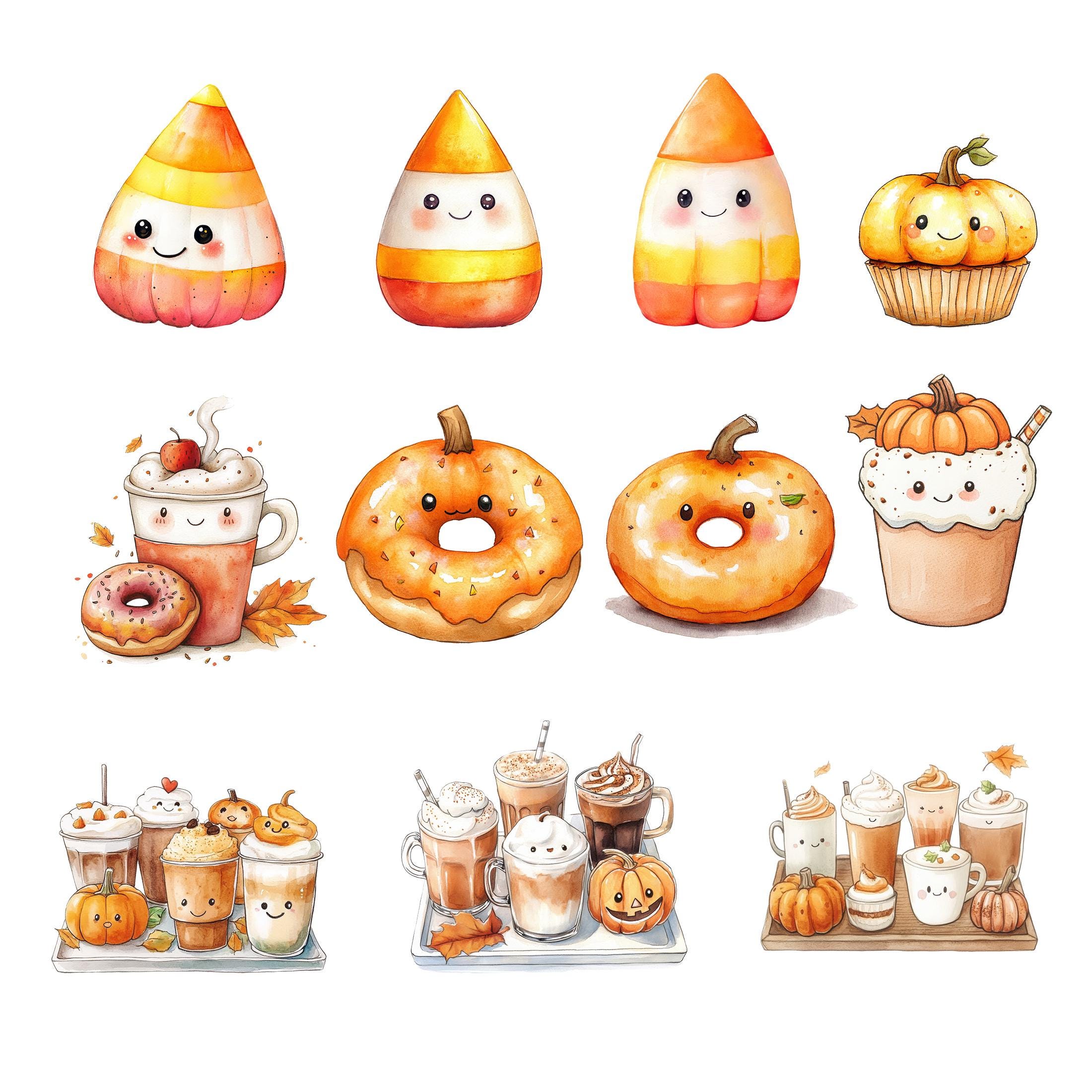 Kawaii Fall Treats Clipart, Halloween, Coffee, Fall Decor, Greeting ...