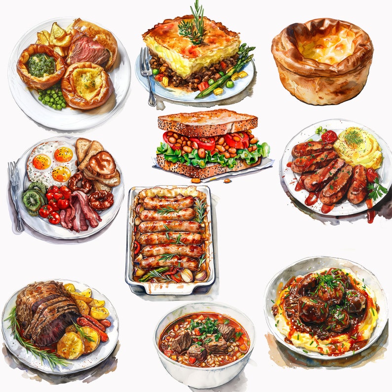 Watercolor British Food Clipart, Food Menu Art, England, Scottish ...