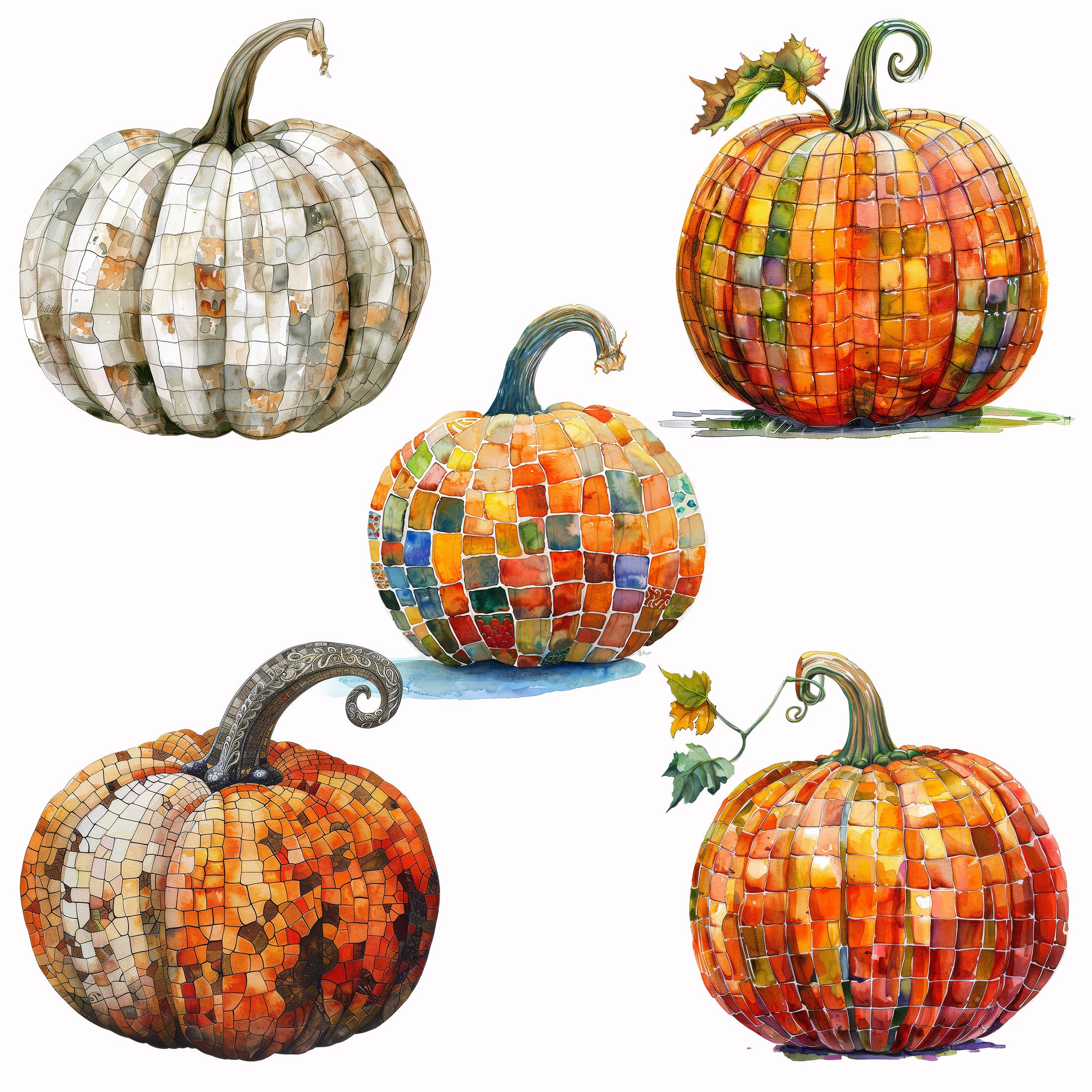 Whimsical Mosaic Pumpkin Clipart, Artsy Pumpkins, Fall Decor, Autumn ...