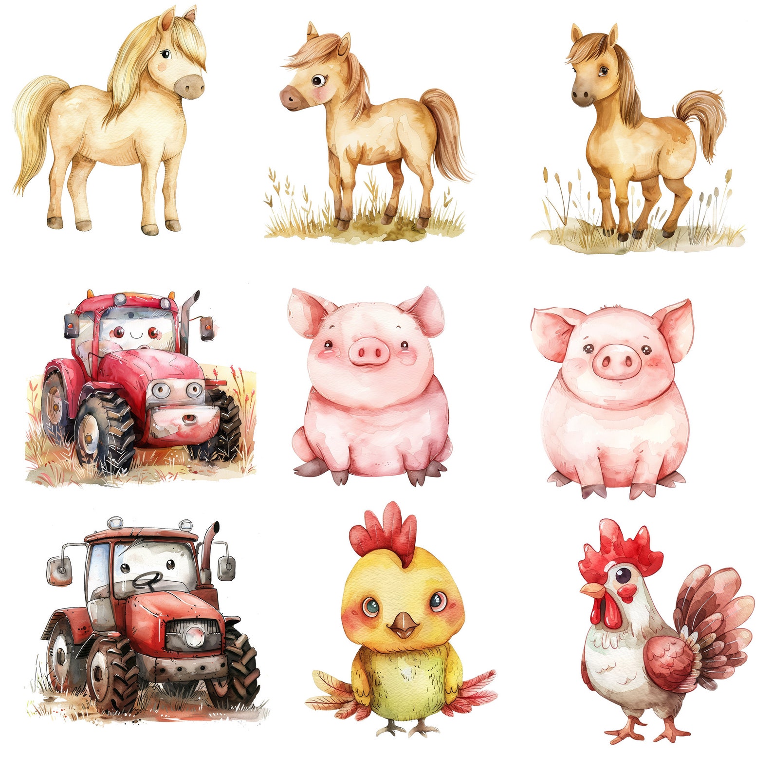 Kawaii Family Farm Clipart Pack, Whimsical Watercolor Farm Animals ...