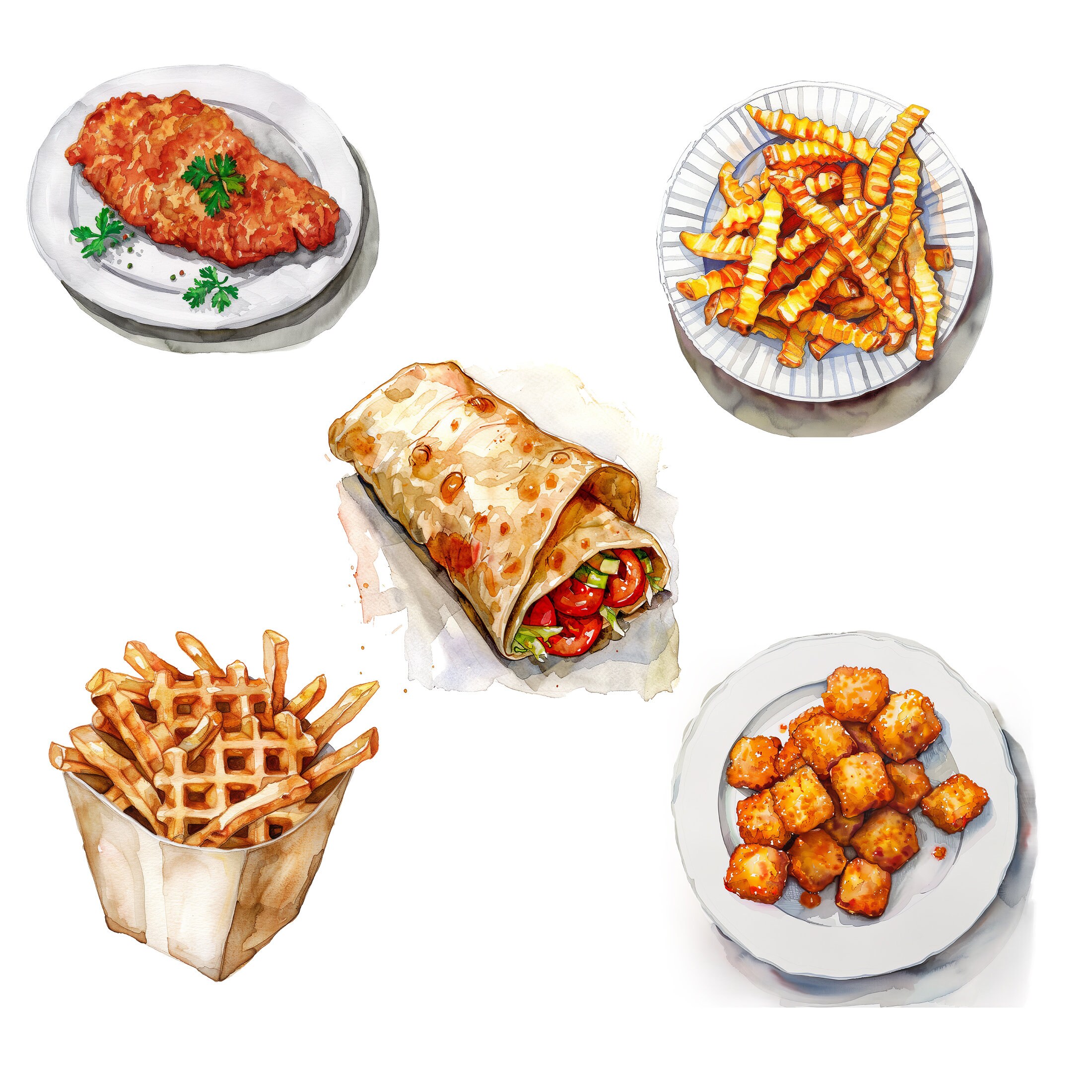 Fried Food Clipart Bundle, Watercolor Menu Clipart, Planner Printable ...