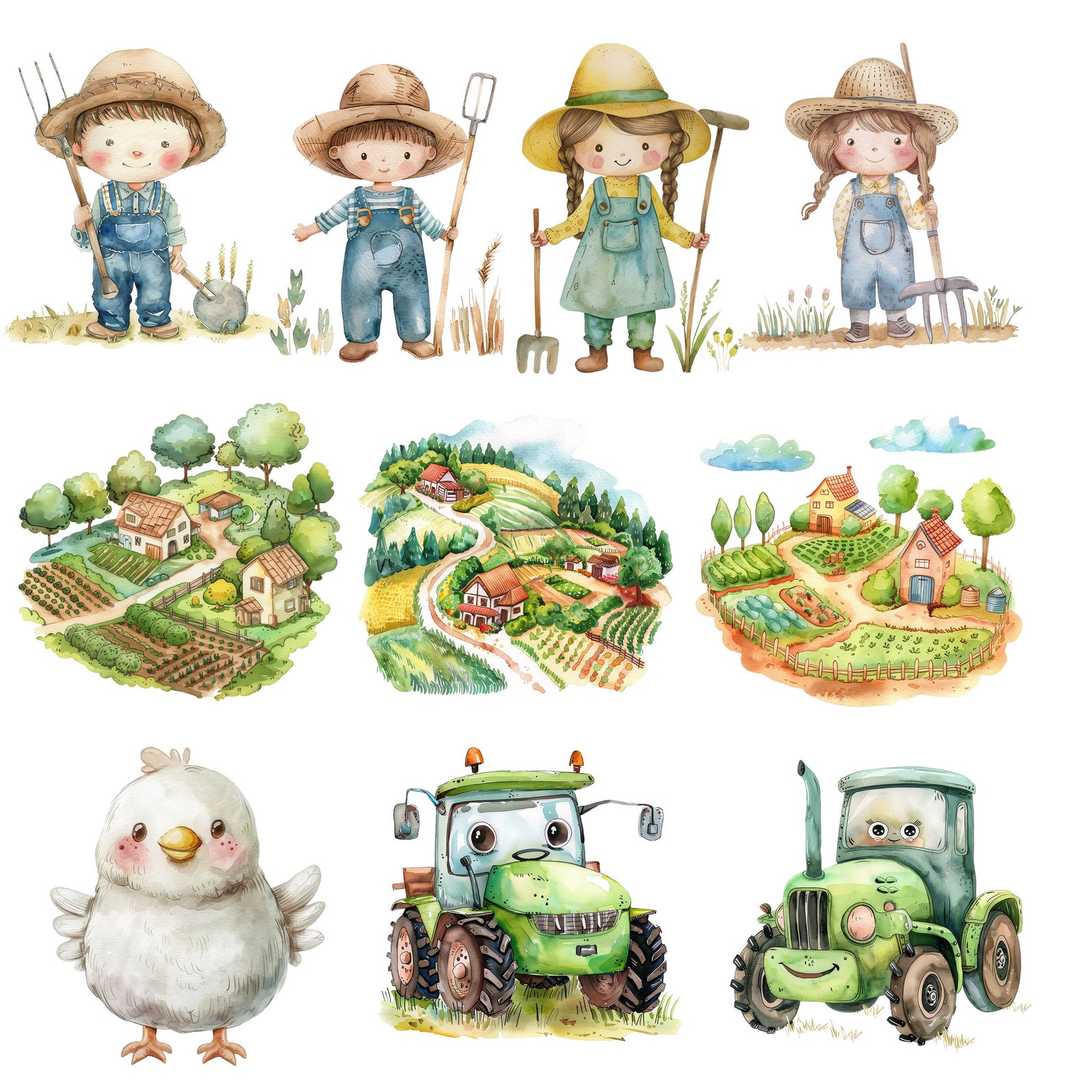 Kawaii Family Farm Clipart Pack, Whimsical Watercolor Farm Animals ...
