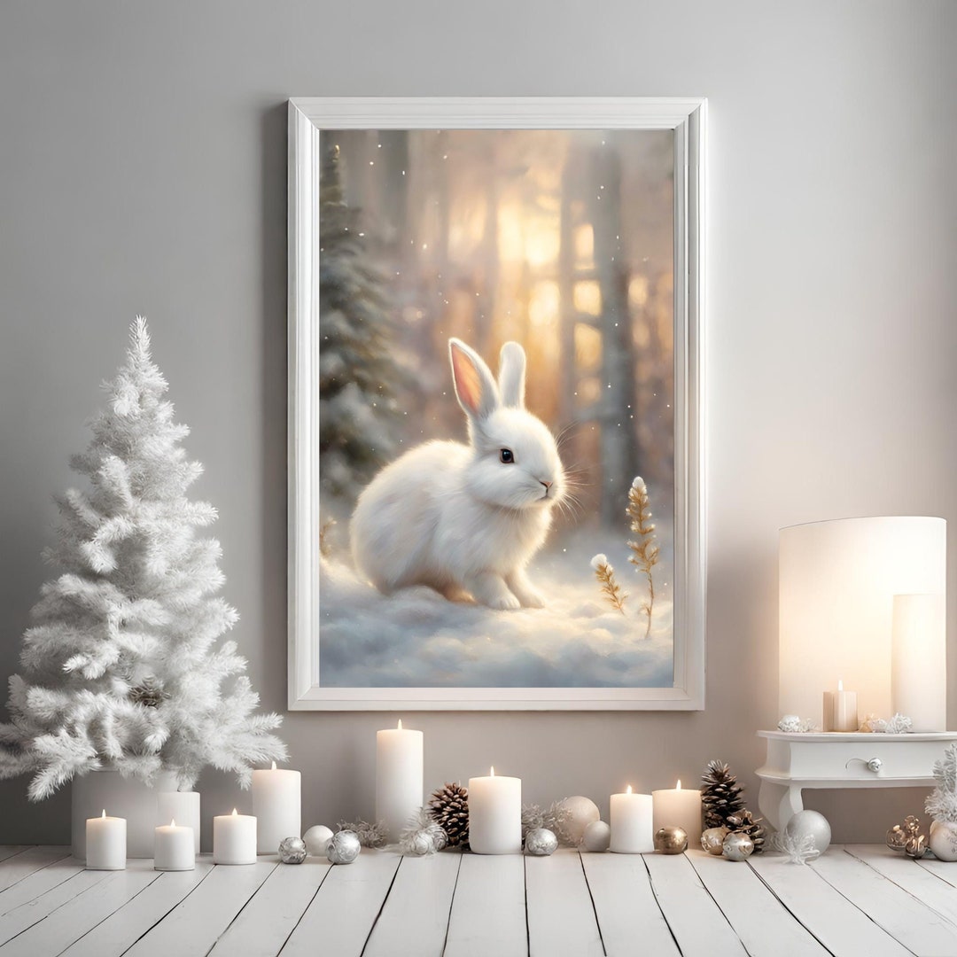 White Christmas Bunny Wall Art Printable | Charming Winter Animal Decor ...