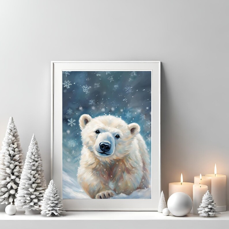 Winter Polar Bear Printable, Arctic Wildlife Wall Art, Snowy Bear Decor ...