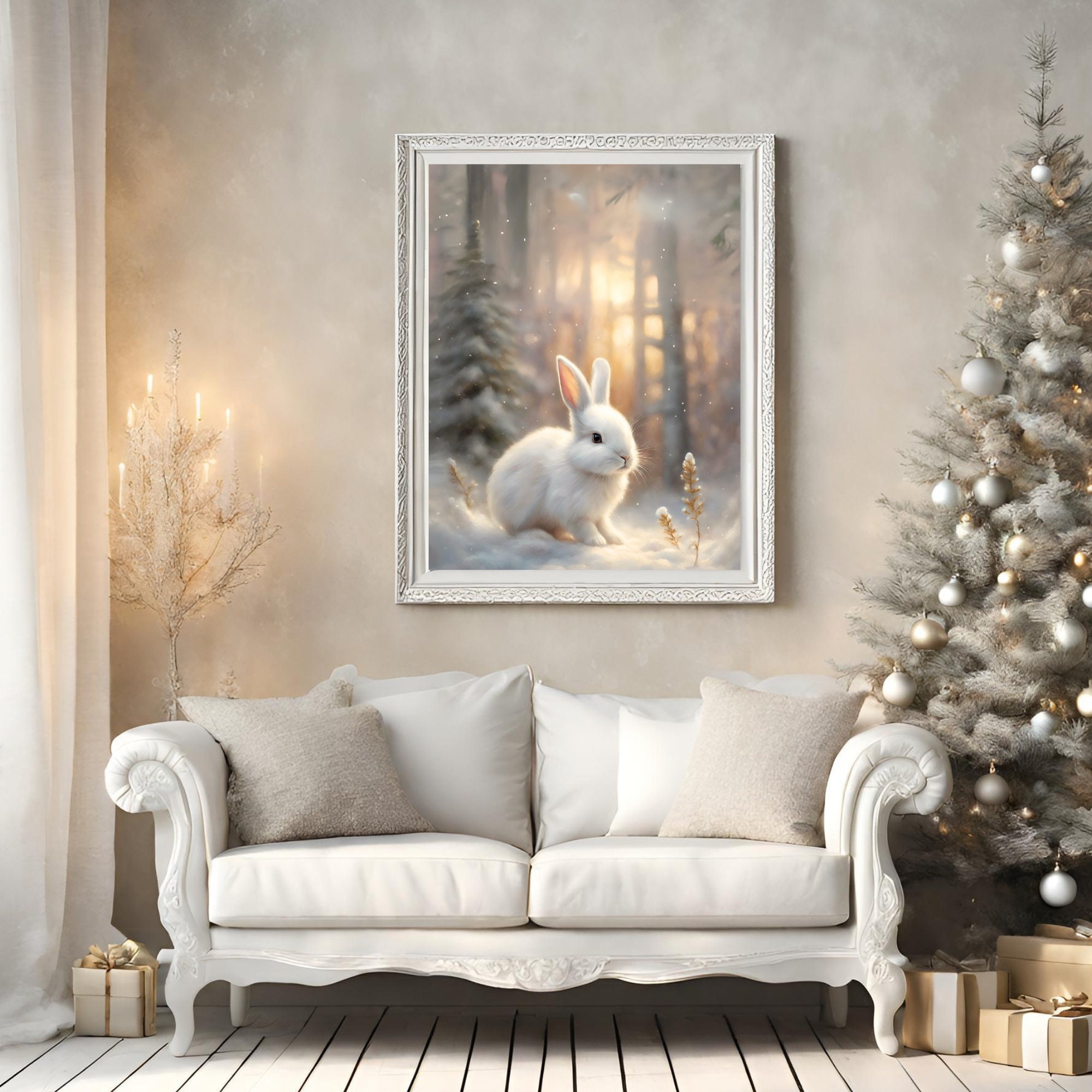White Christmas Bunny Wall Art Printable Charming Winter Animal Decor ...
