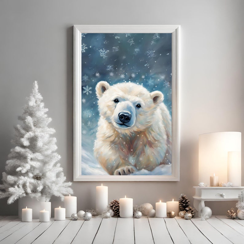 Winter Polar Bear Printable, Arctic Wildlife Wall Art, Snowy Bear Decor ...