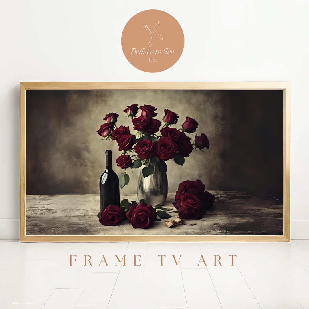 Romantic Moody Dark Red Roses and Wine Still Life Frame TV Art ...