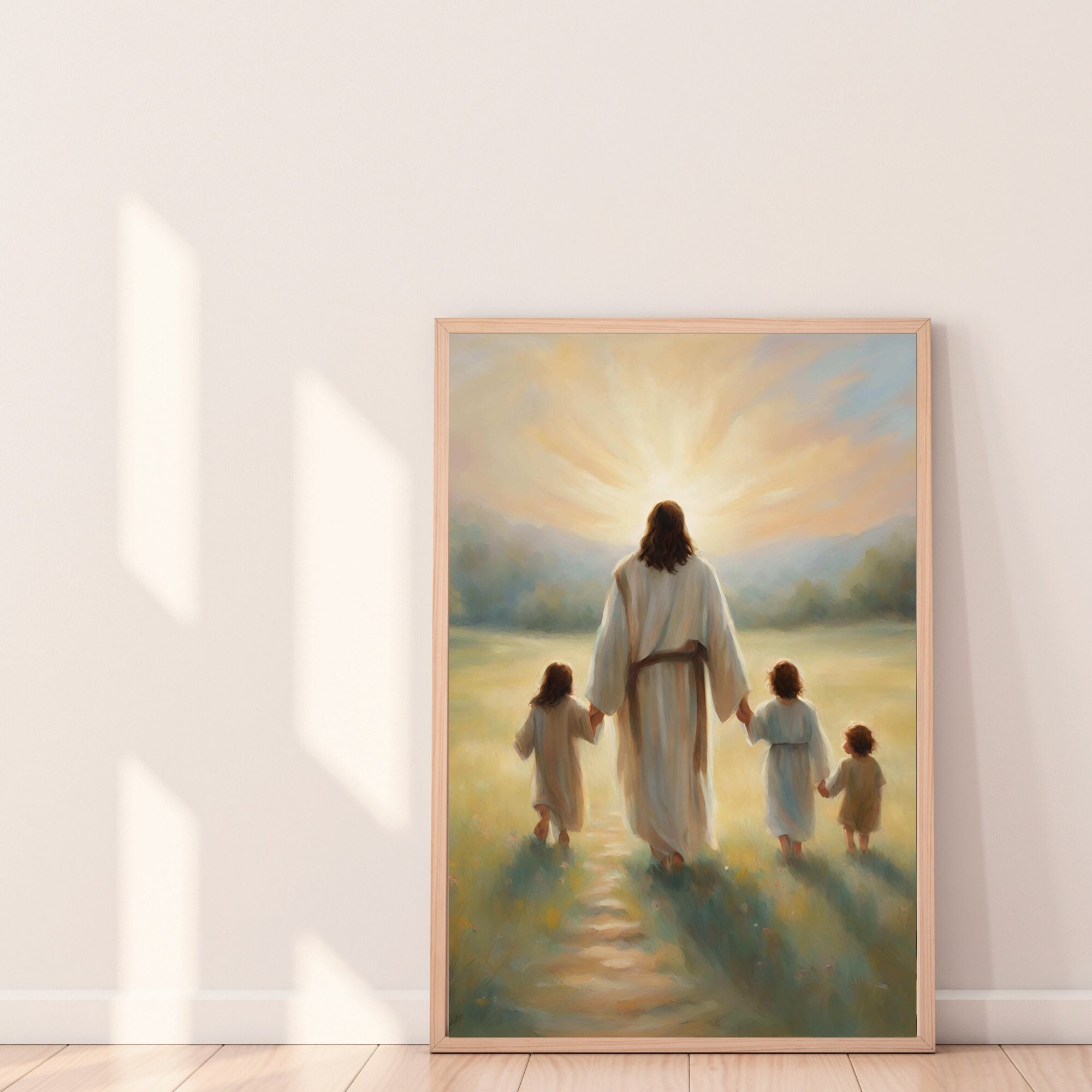 Jesús caminando con niños arte de la pared / Jesús y tres niños ...
