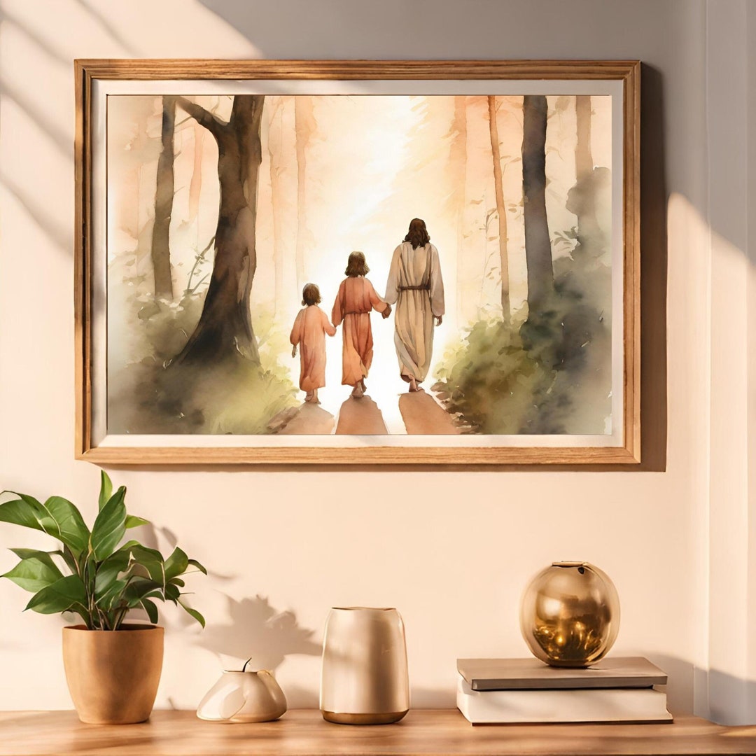 Jesus Christ Walking With Two Children | Landscape Christian Wall Art ...