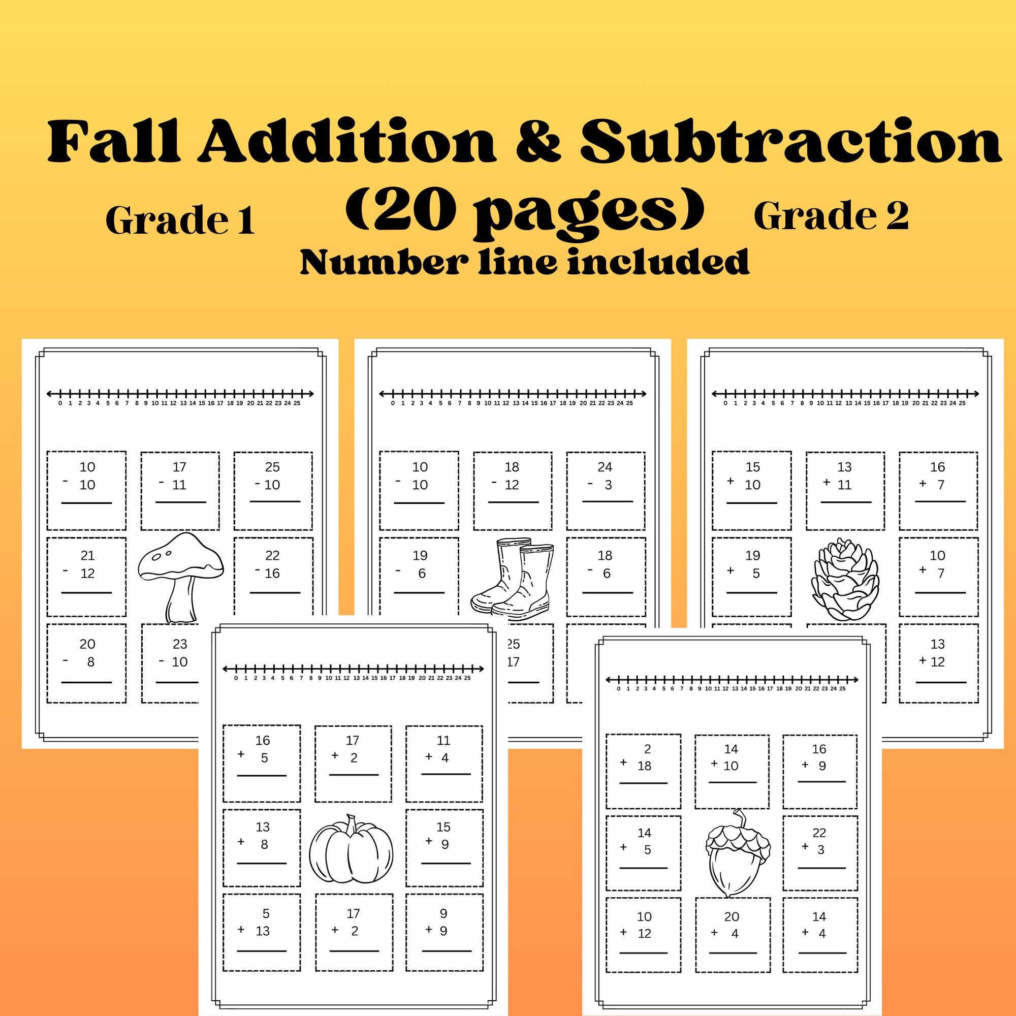 Hoja de trabajo imprimible de suma y resta con temas de otoño para ...