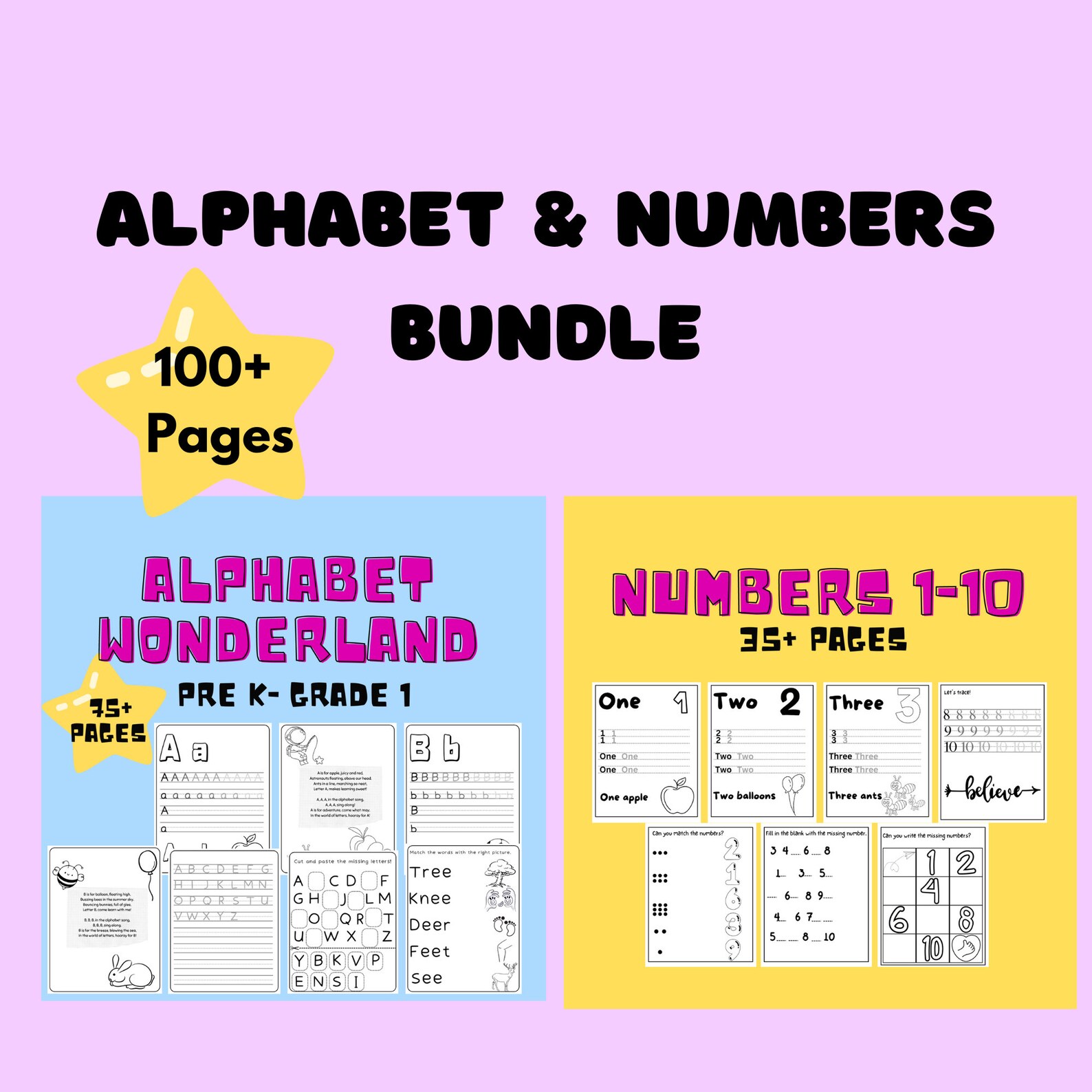 Printable Math & Literacy Bundle | Pre-k , Grade 1 Numbers and Alphabet ...