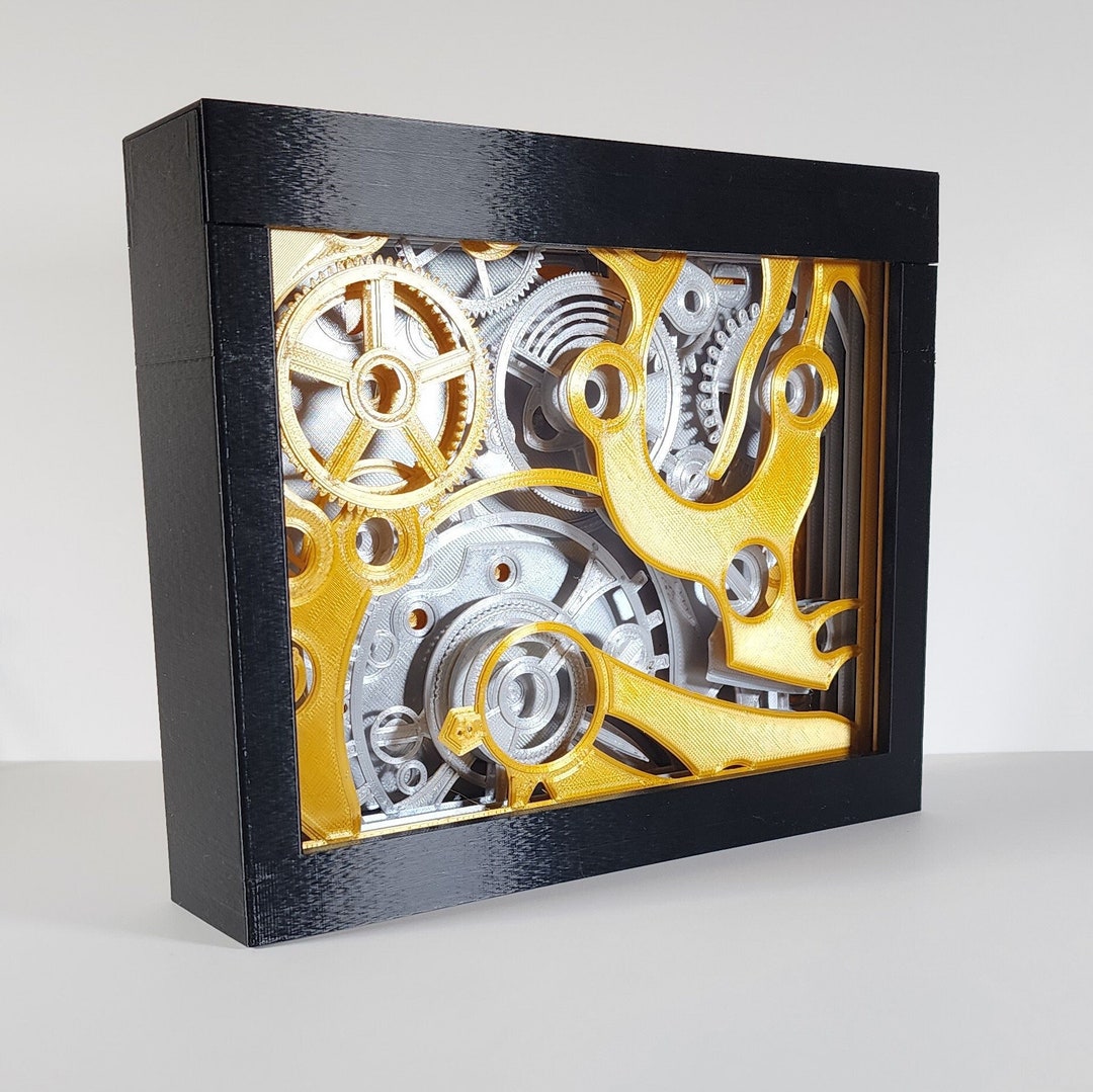 Clockwork Shadow Box - Mechanical Gears Wall Art - Gold & Silver Decor ...