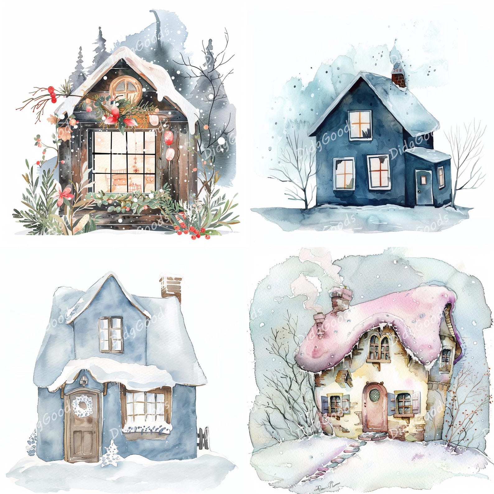 Watercolor Snow House Clipart Bundle 23 High Quality PNG 3000x3000 Pix ...