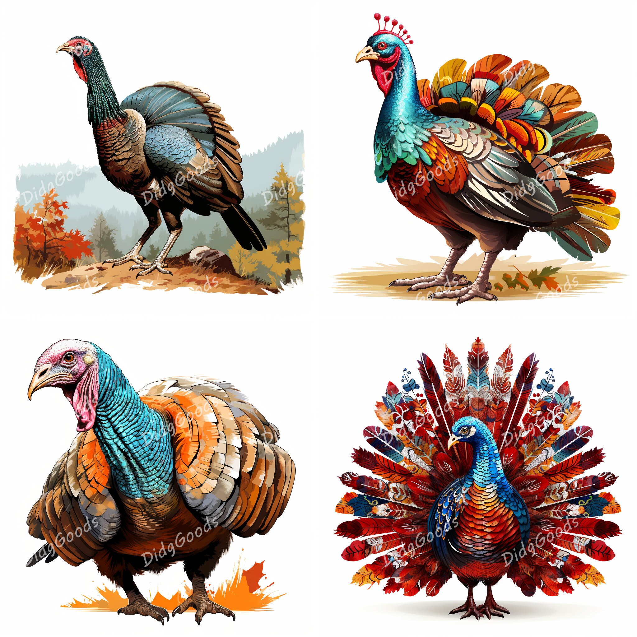 Festive Turkey Clipart Bundle, Thanksgiving Illustrations (digital ...