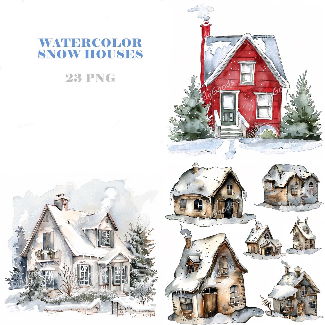 Watercolor Snow House Clipart Bundle 23 High Quality PNG 3000x3000 Pix ...