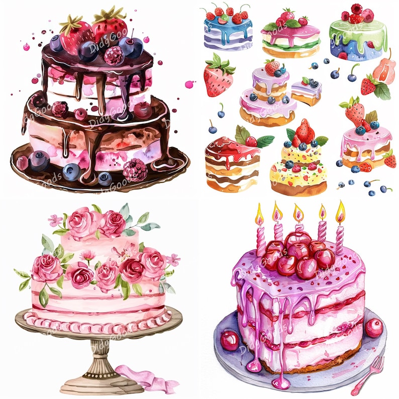 Watercolor Birthday Cake Clipart Bundle For: Card Making, Printable Art ...