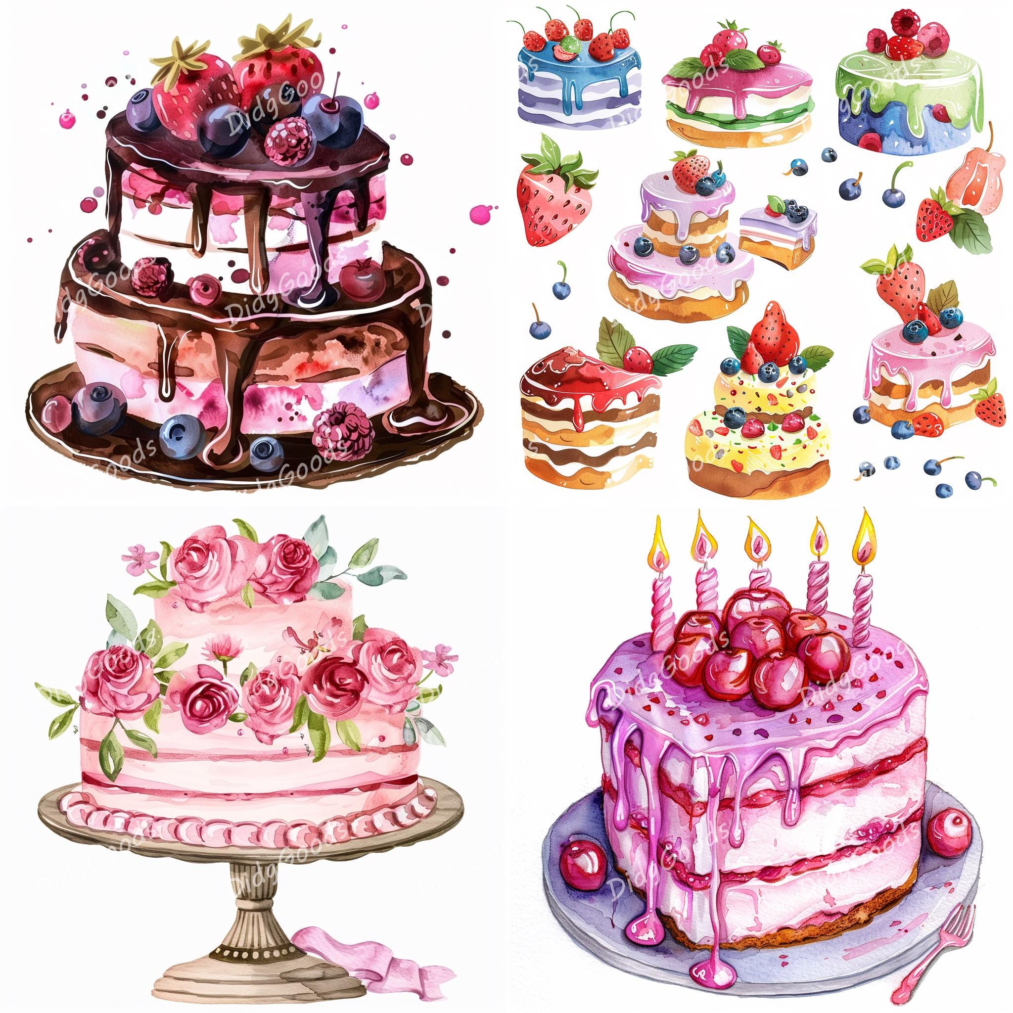 Watercolor Birthday Cake Clipart Bundle For: Card Making, Printable Art ...