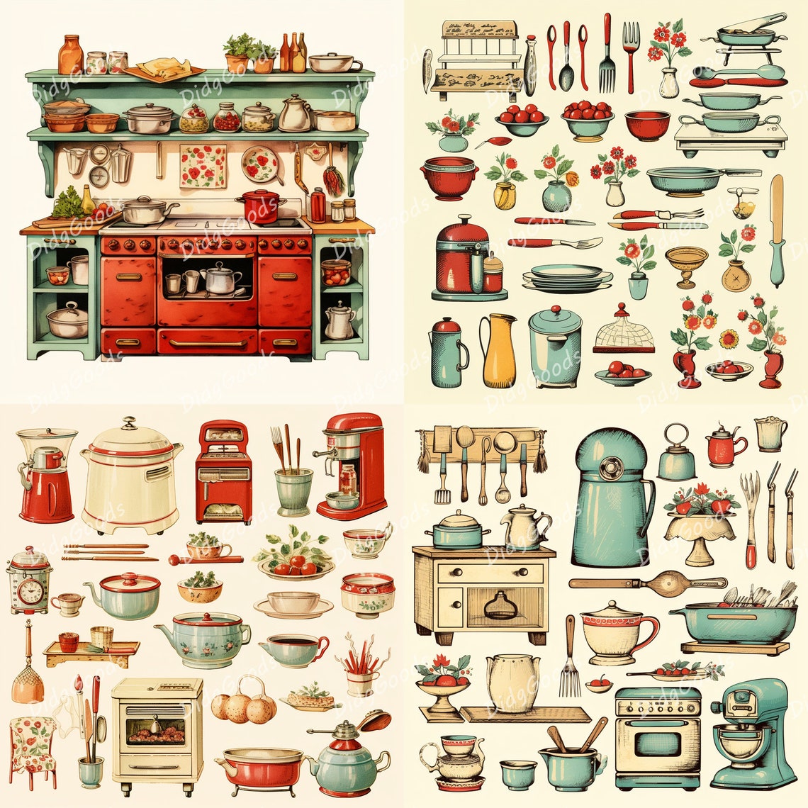 Vintage Kitchen Clipart Bundle 36 High Quality Pngs 3200x3200 Pix, 300 ...