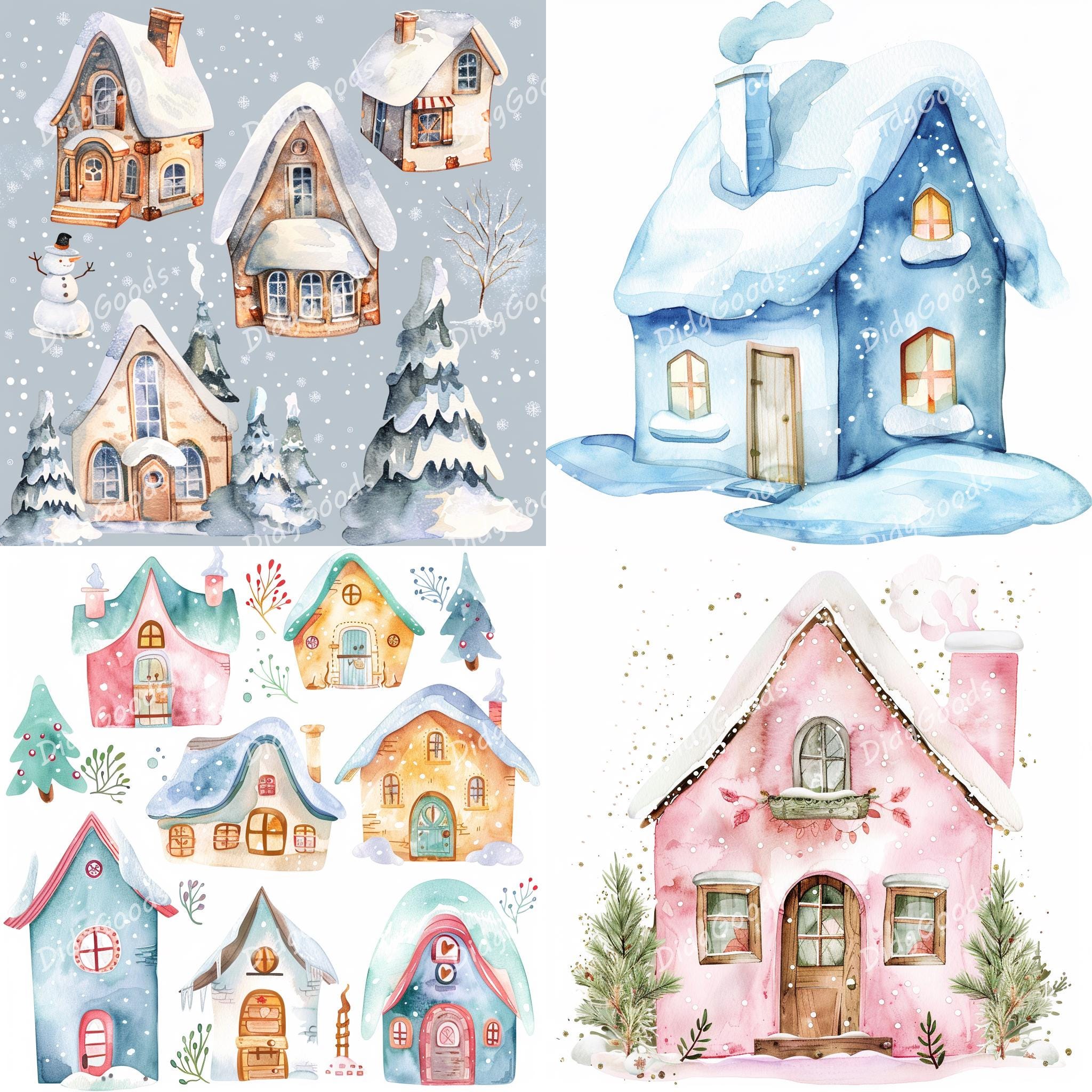 Watercolor Snow House Clipart Bundle 23 High Quality PNG 3000x3000 Pix ...