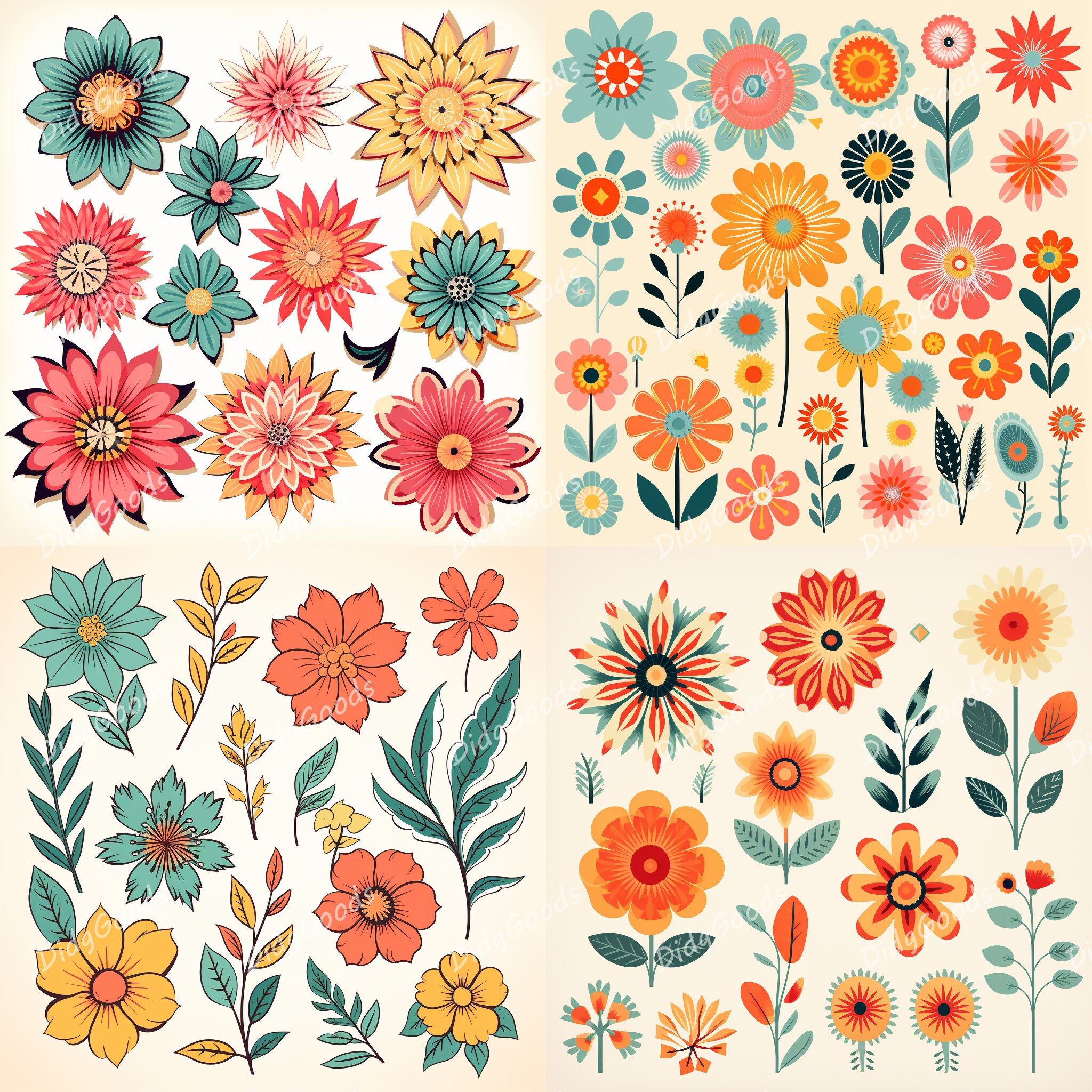 Retro Flower Clipart Bundle 28 High Quality Pngs 3200x3200 Pix, 300 DPI ...