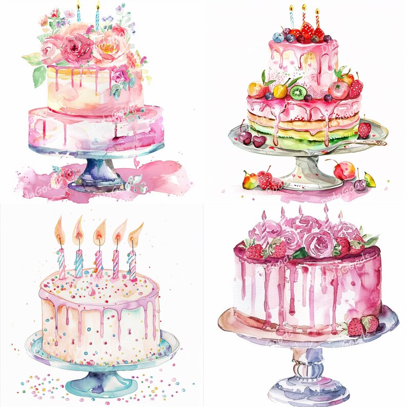 Watercolor Birthday Cake Clipart Bundle For: Card Making, Printable Art ...