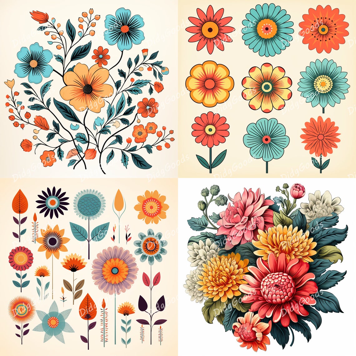 Retro Flower Clipart Bundle 28 High Quality Pngs 3200x3200 Pix, 300 DPI ...